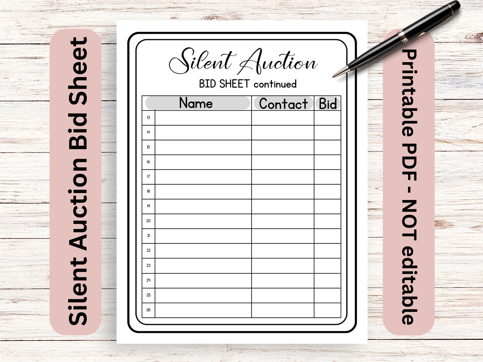 Printable Silent Auction Bid Sheet, Silent Auction Sign up Sheet ...