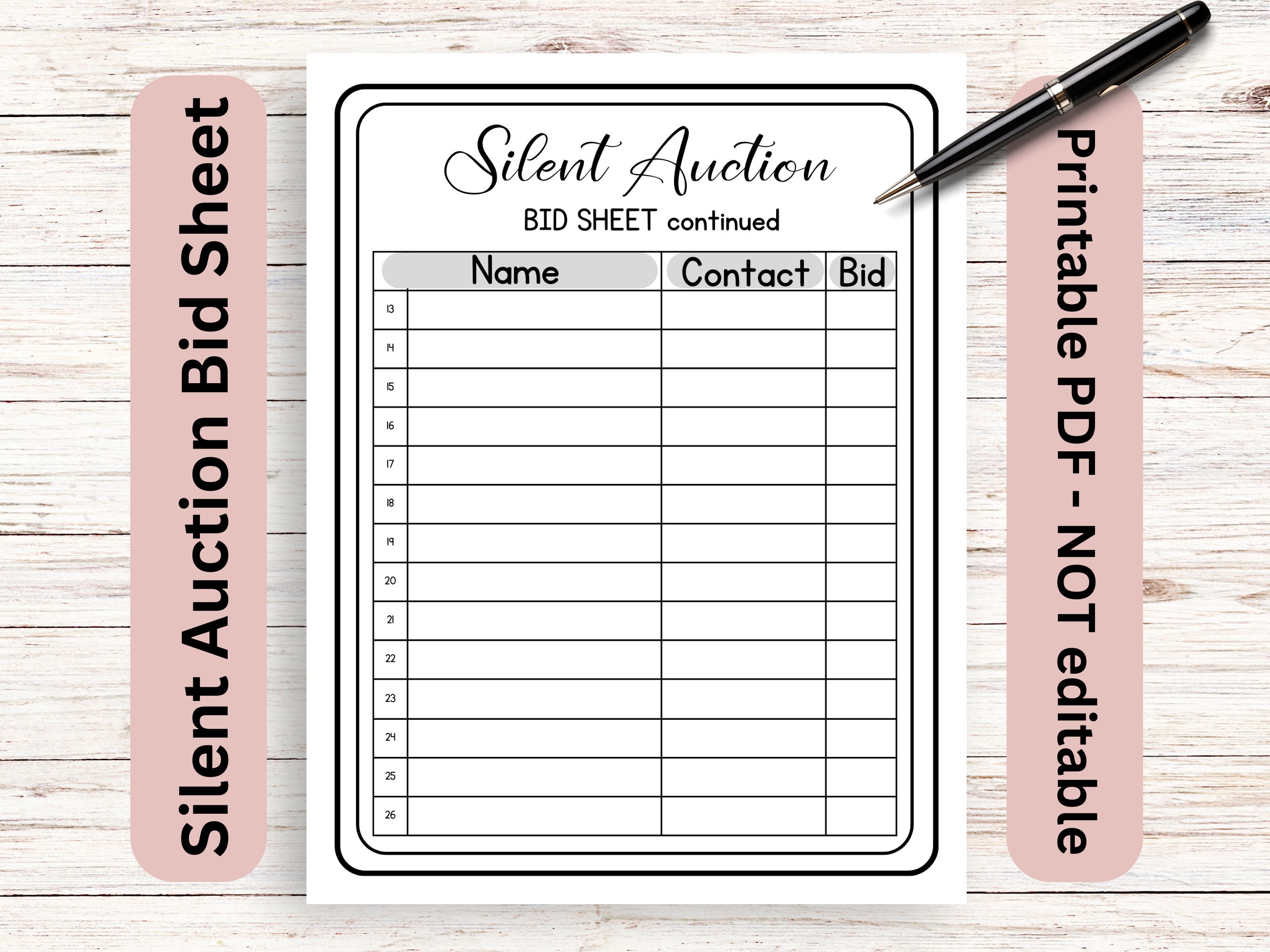 Printable Silent Auction Bid Sheet, Silent Auction Sign up Sheet ...