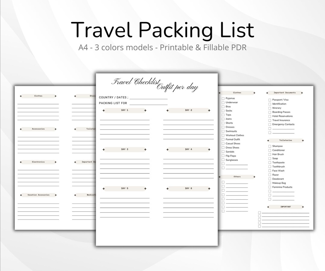 Printable Travel Packing List – Travel Documents, Electronics, Clothes ...