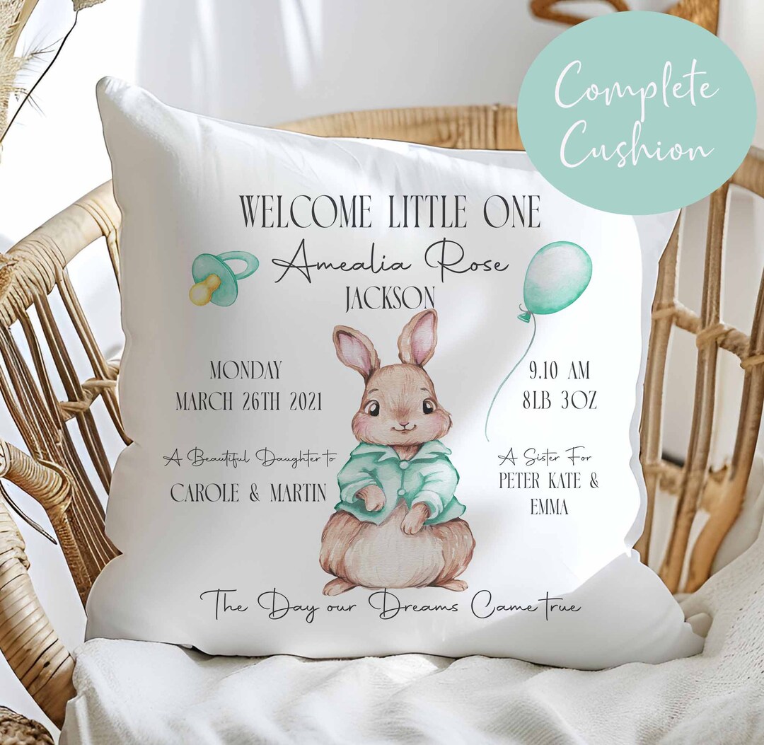 Bunny Rabbit Birth Details Personalised Nursery Cushionnew Baby Gift ...