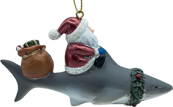 Santa Riding a Shark Delivering Bag of Presents Christmas Tree Ornament ...