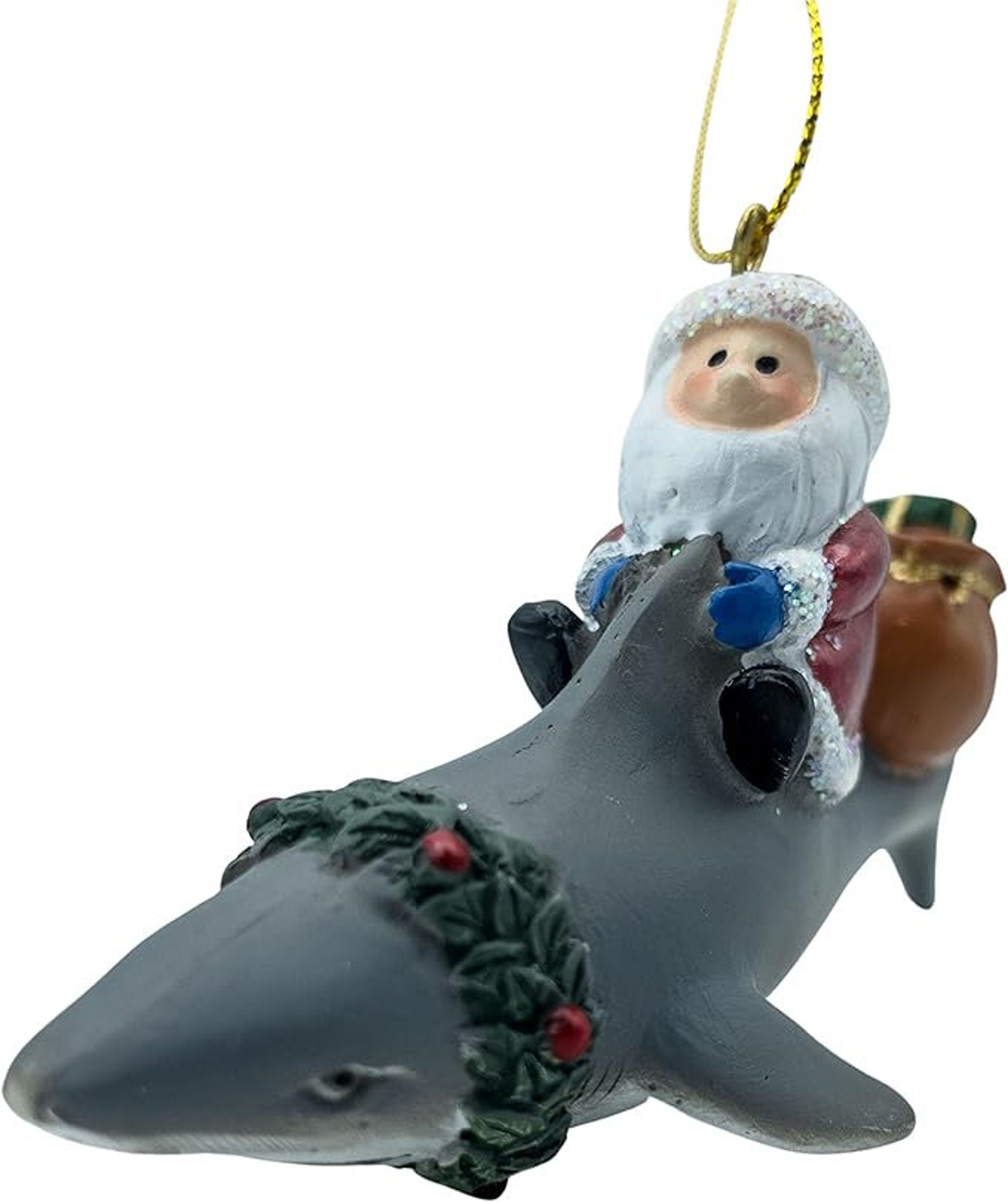 Santa Riding a Shark Delivering Bag of Presents Christmas Tree Ornament ...