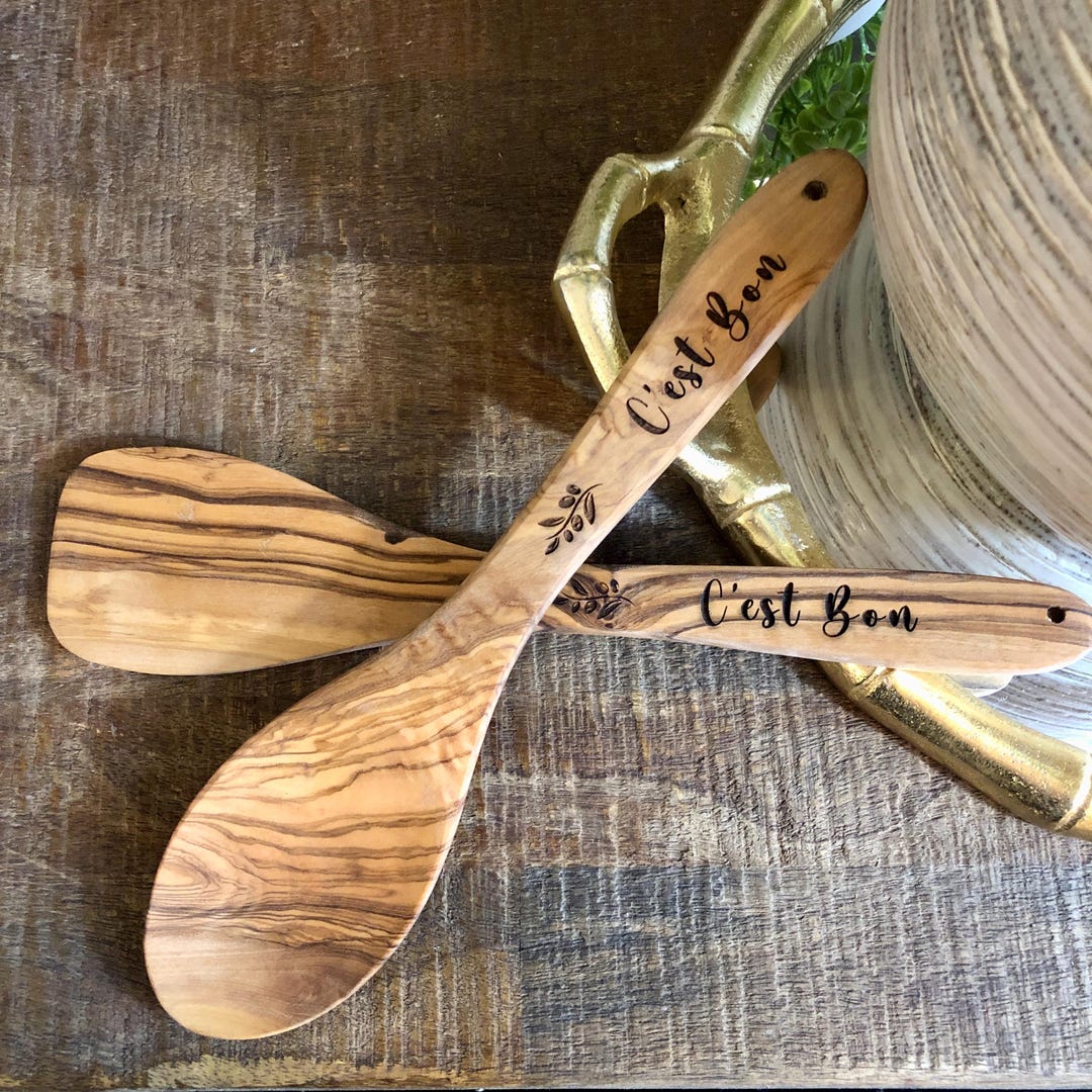 Set of Two Small Olive Wood Kitchen Utensils, Laser Engraved in French ...