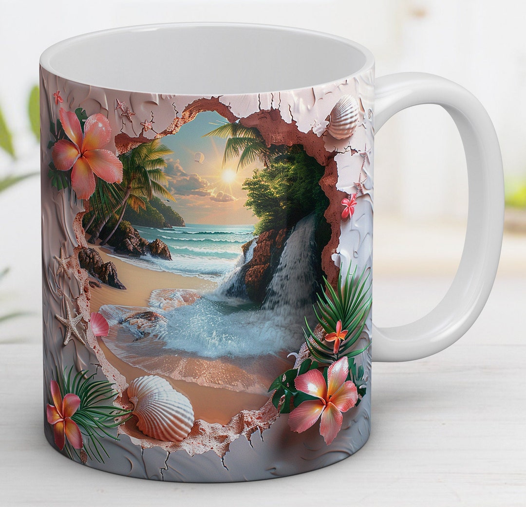 Tropical Beach Mug Wrap 3D Hole in a Wall 11oz and 15oz Mug Coffee Wrap ...