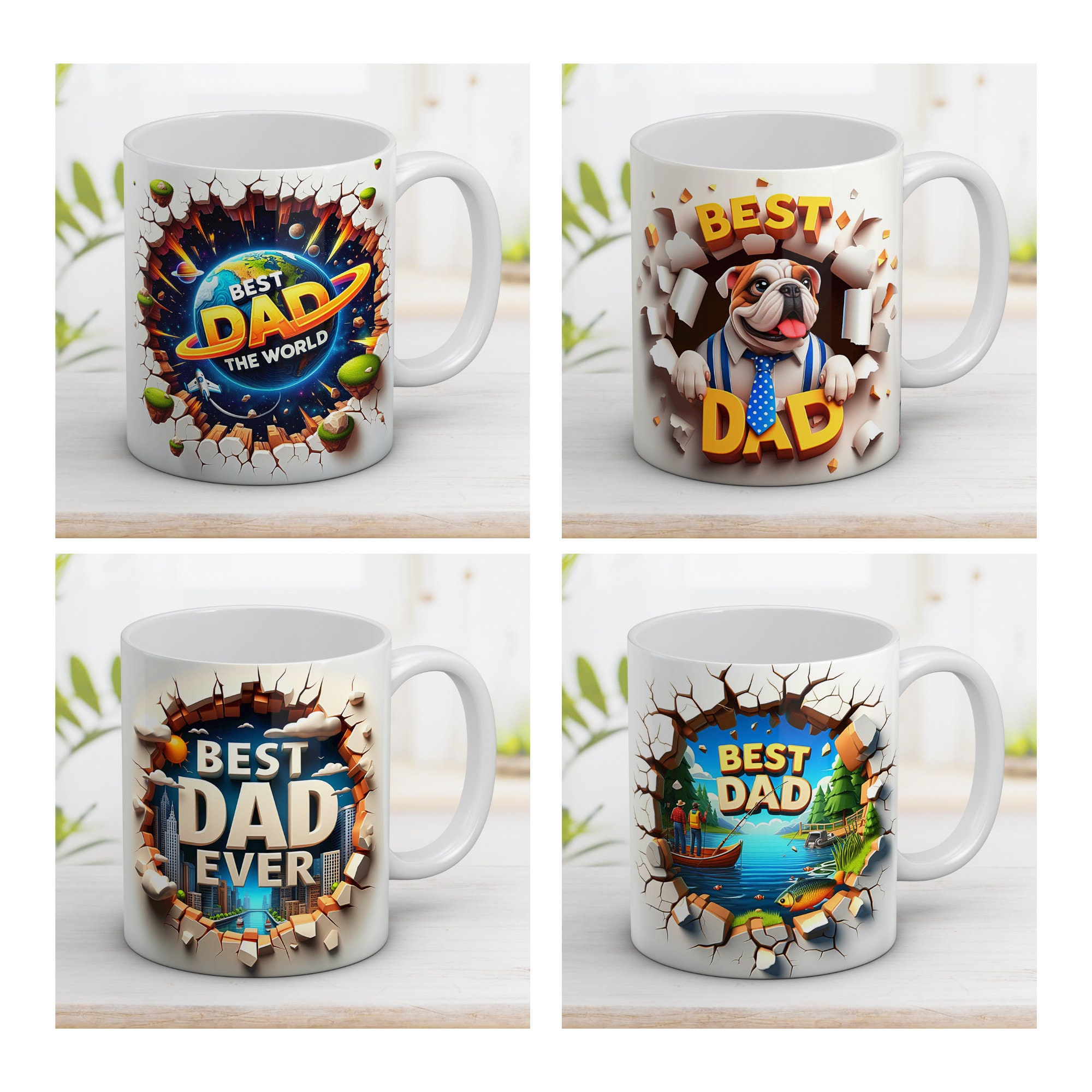 3D Best Dad Mug Wrap Bundle 11 and 15 Oz 3D Hole in a Wall Happy Father ...