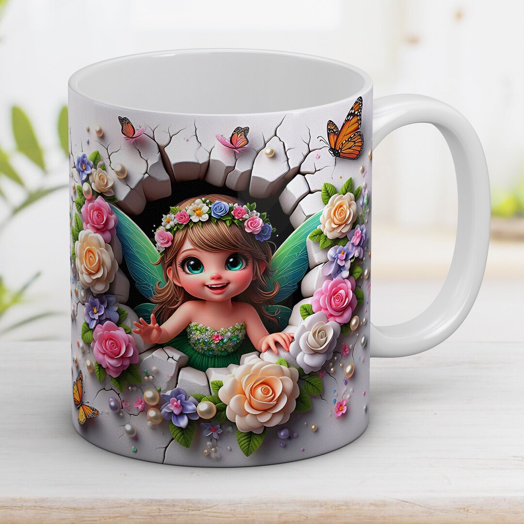 3D Cute Fairy Mug Wrap With 3D Flowers, 11oz and 15oz Mug Design, Mug ...