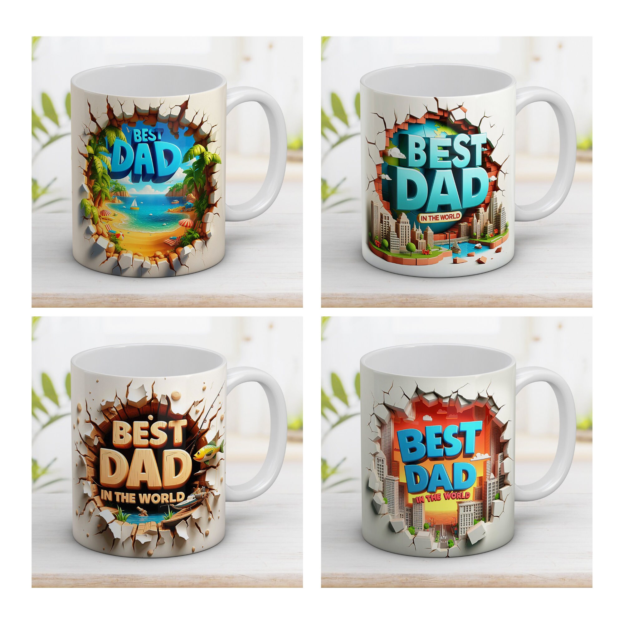3D Best Dad Mug Wrap Bundle 11 and 15 Oz 3D Hole in a Wall Happy Father ...