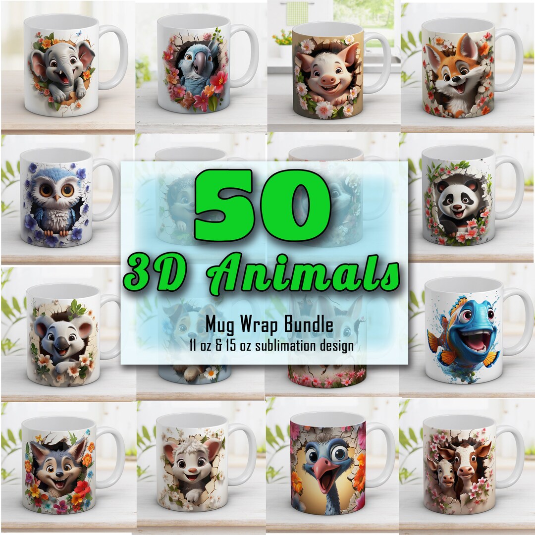 3D Cute Animals Mug Wrap Bundle Design 11 & 15 Oz Gift Sublimation ...