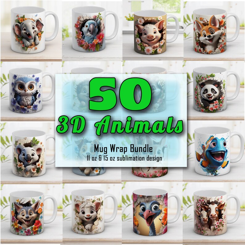 3D Cute Animals Mug Wrap Bundle Design 11 & 15 Oz Gift Sublimation ...