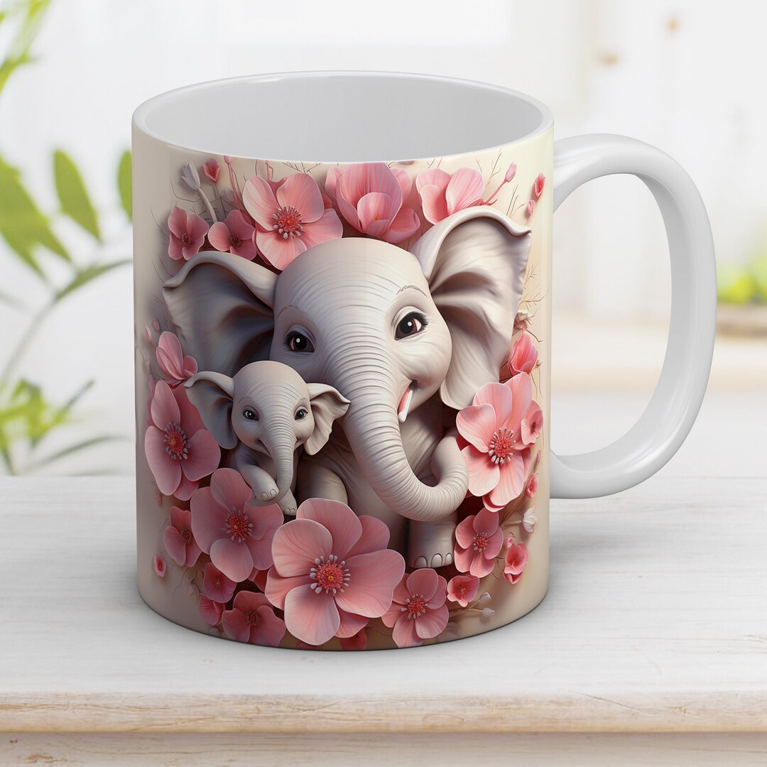 3D Mother Elephant and Baby Mug Wrap With 3D Flowers 11oz and 15oz Mug ...