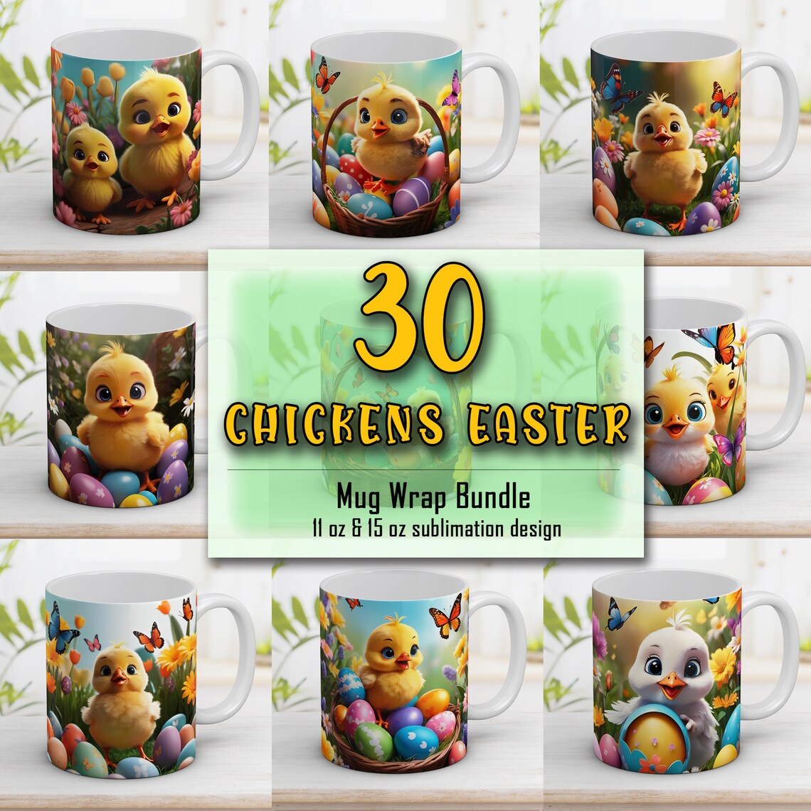 Chickens Easter Mug Wrap Bundle With Eggs and Flowers Mug Wrap Design ...