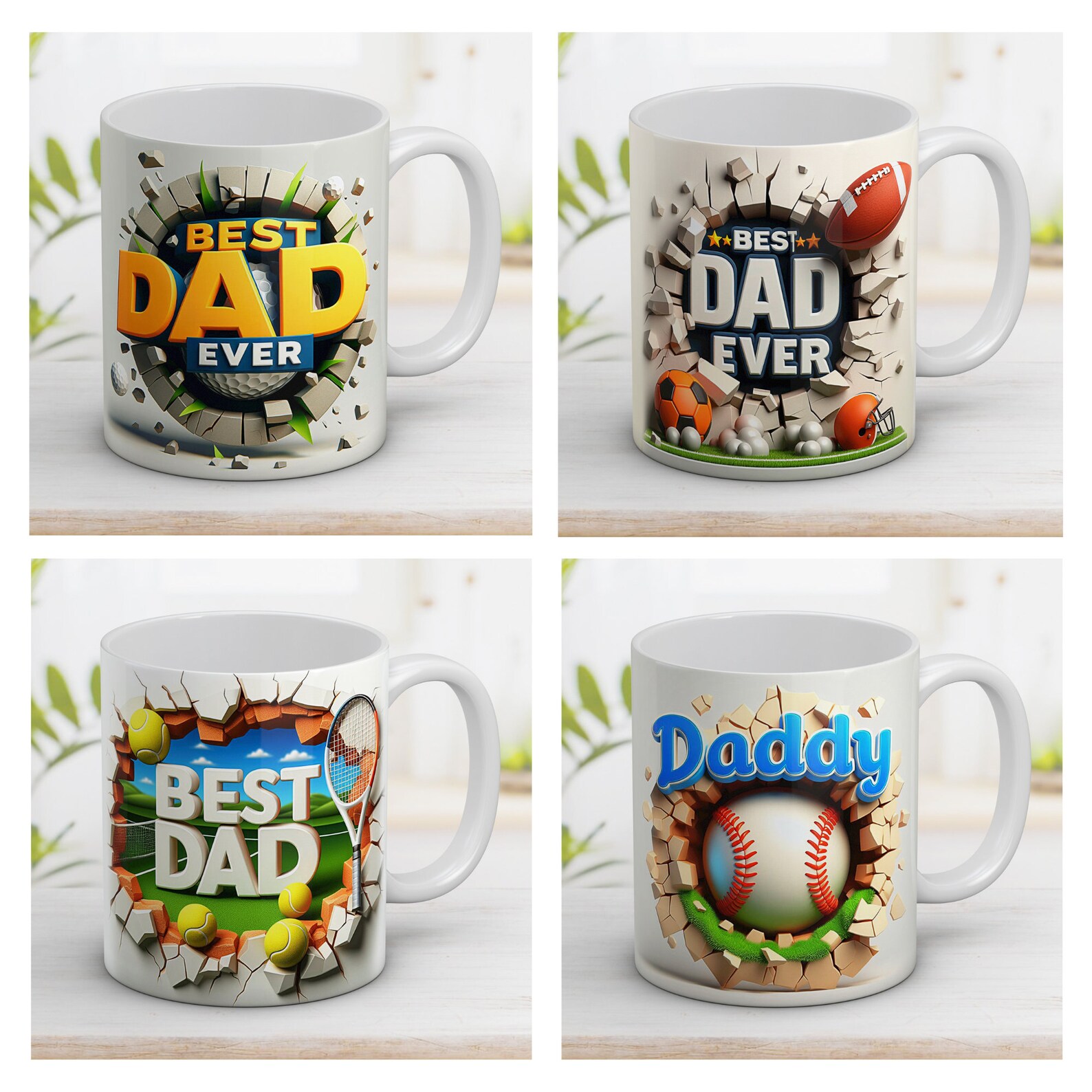 3D Best Dad Sport Mug Wrap Bundle 11 and 15 Oz 3D Hole in a Wall Happy ...