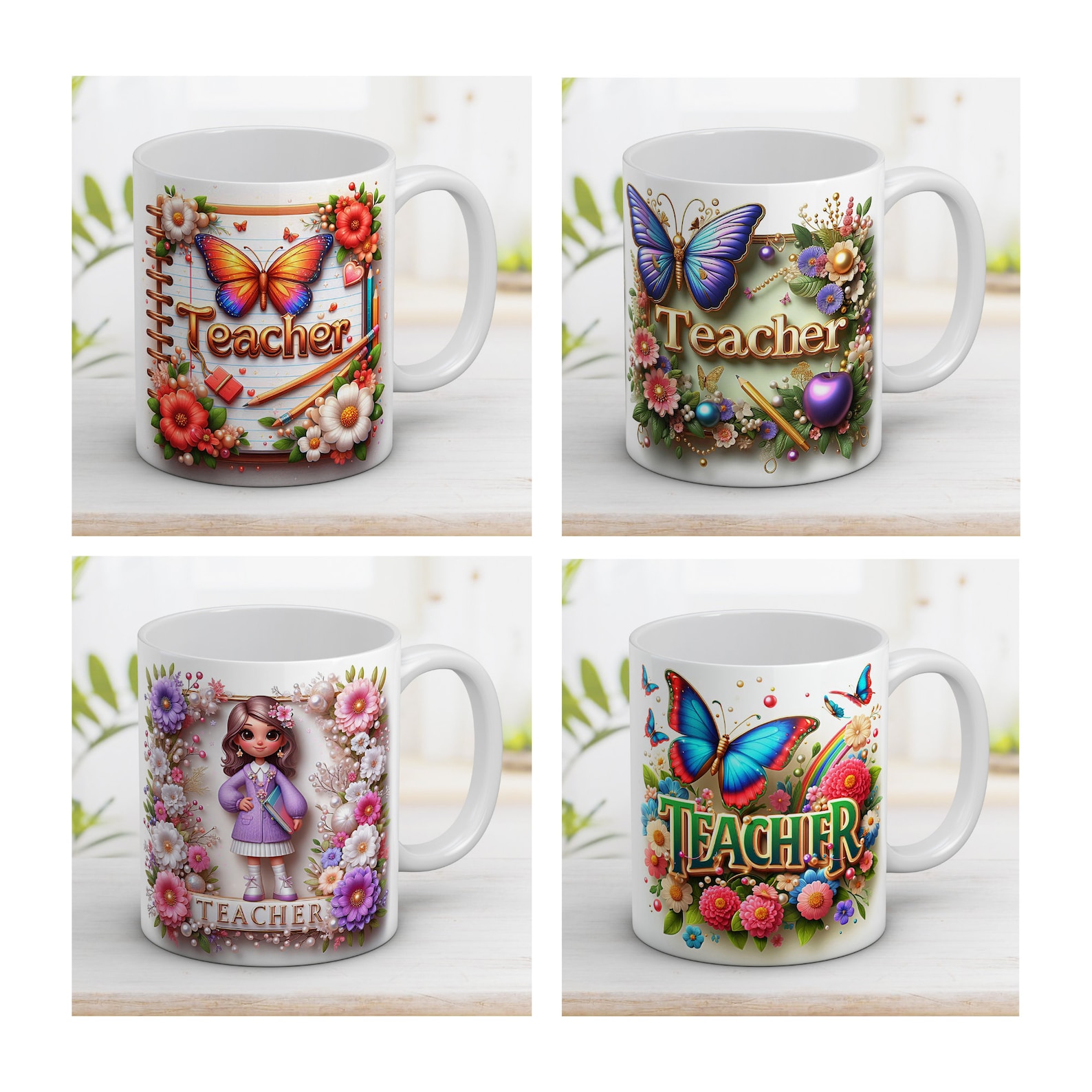 3D Teacher With Butterfly Mug Wrap Bundle 11 and 15 Oz Happy Teacher ...
