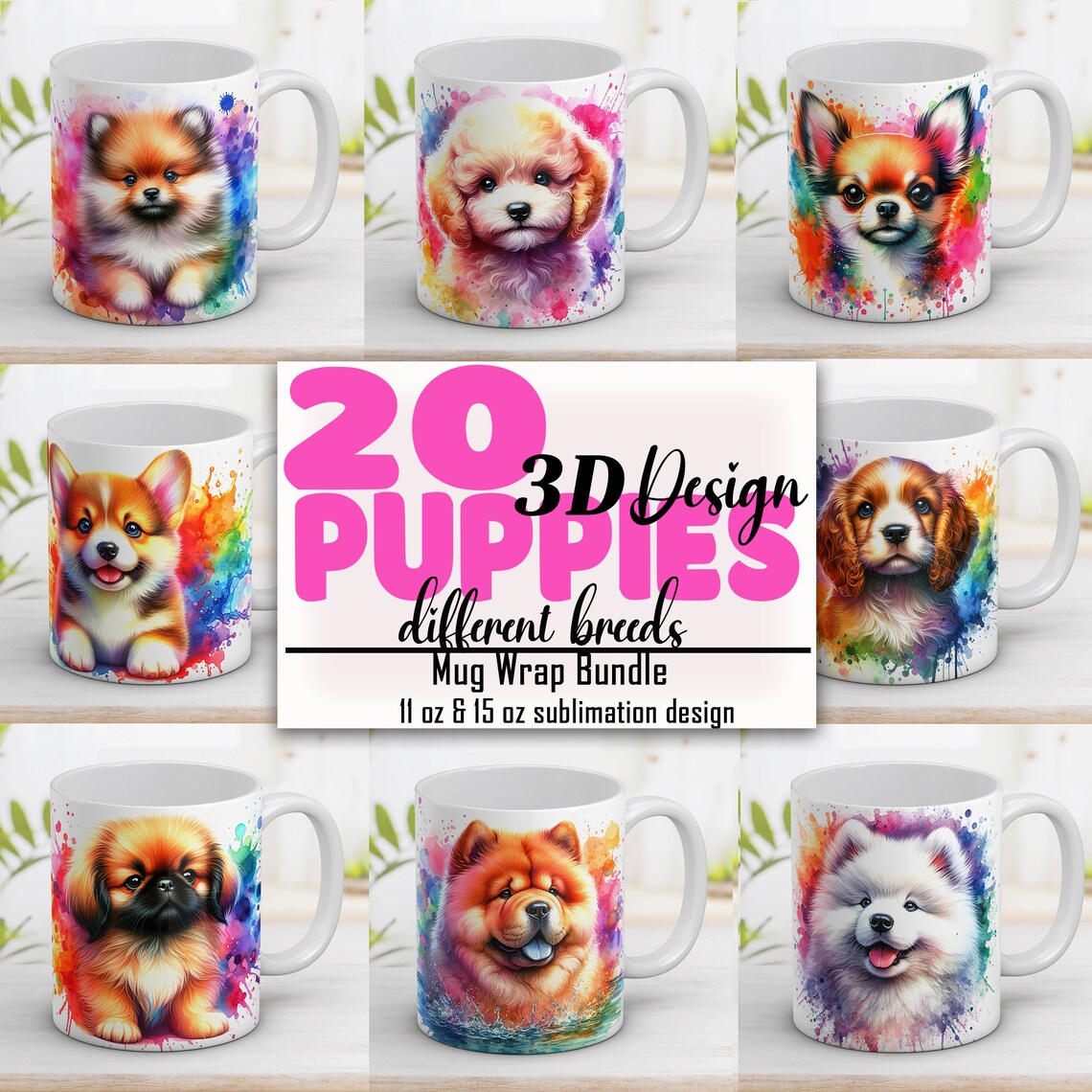 20 Watercolor Puppies of Different Breeds Mug Wrap Bundle Watercolor ...