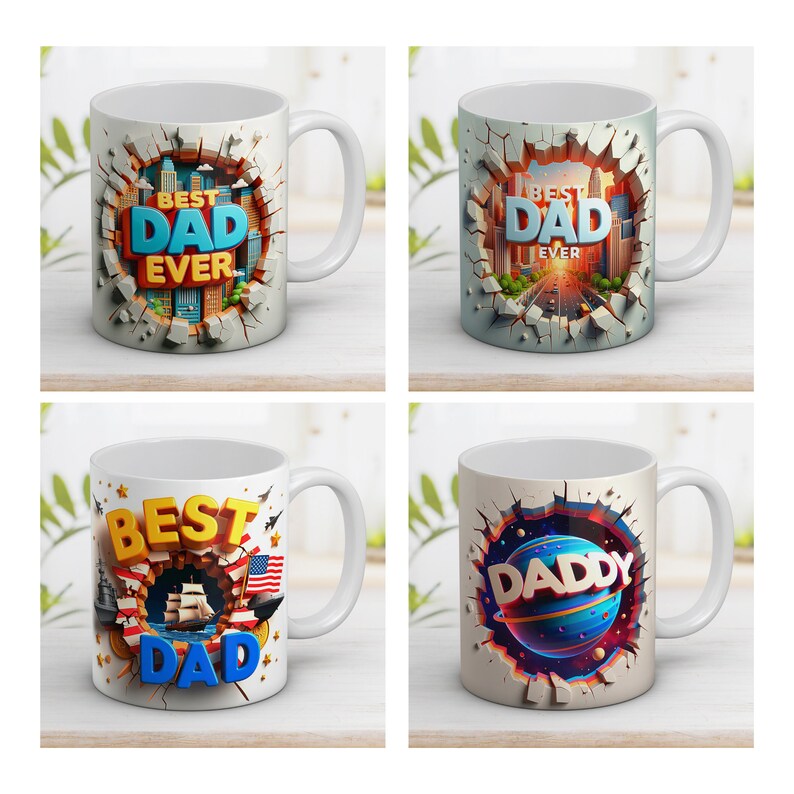 3D Best Dad Mug Wrap Bundle 11 and 15 Oz 3D Hole in a Wall Happy Father ...