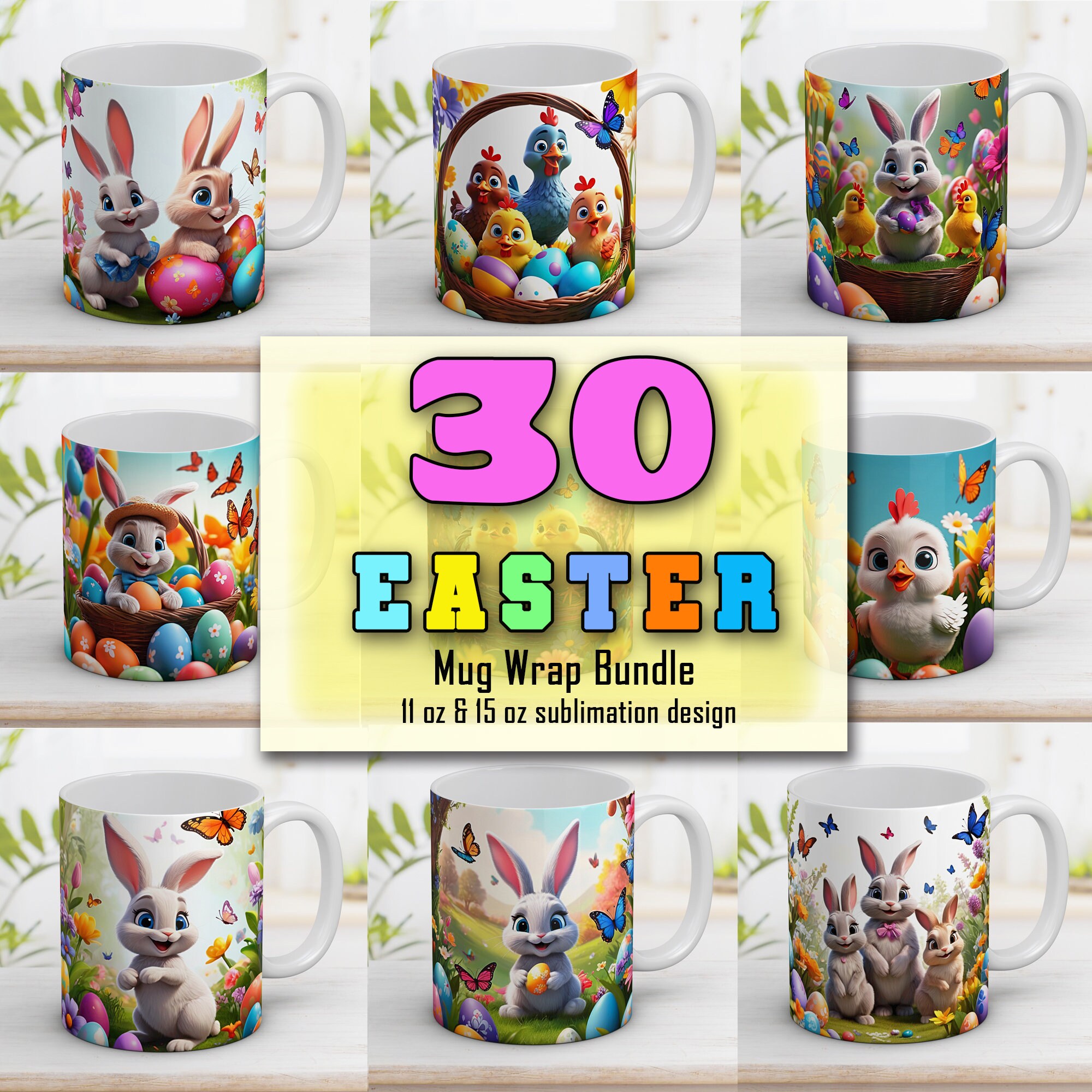 Bunny Easter Mug Wrap Bundle With Eggs and Chicken Mug Wrap Design 11 ...