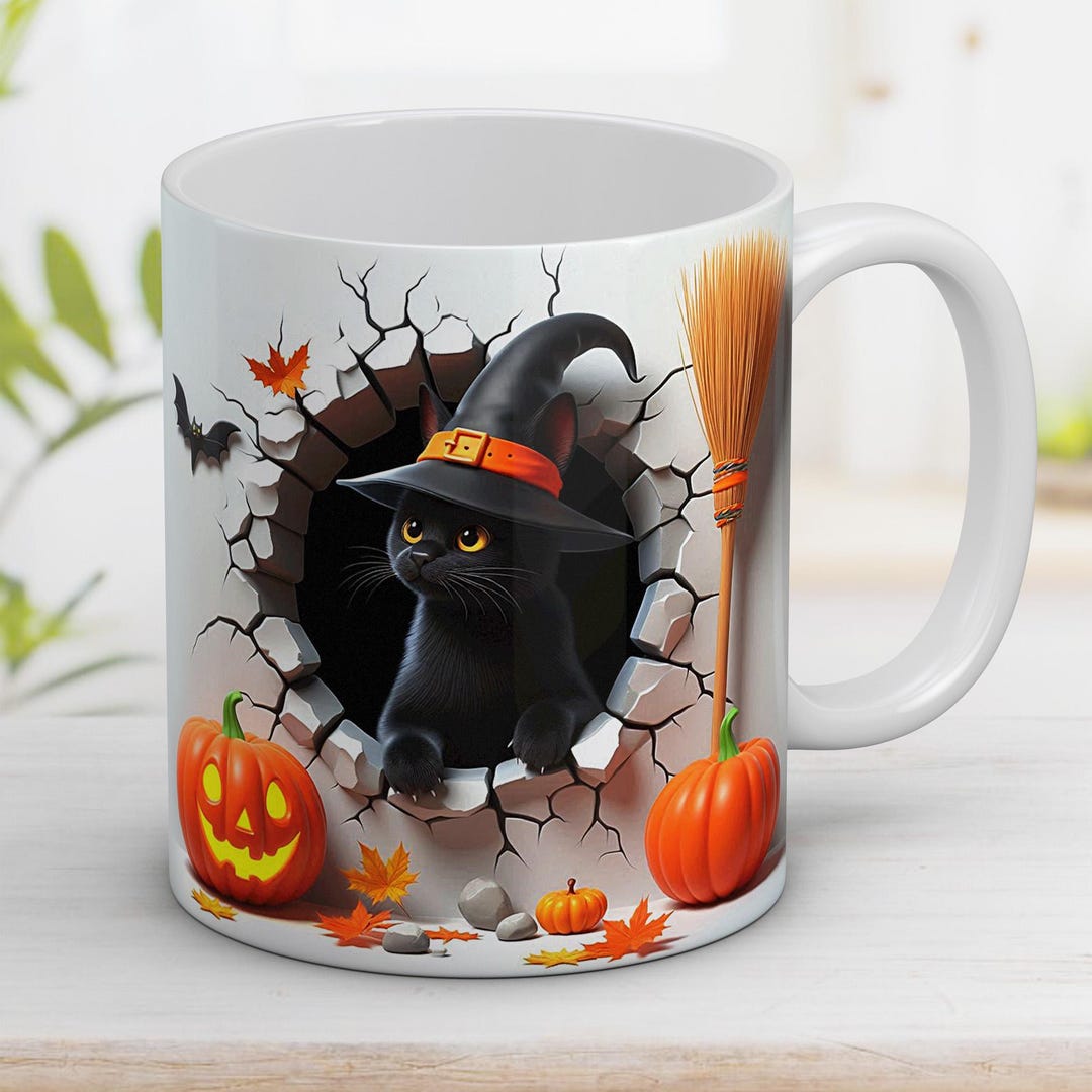 Halloween Cat Mug Wrap 11oz and 15oz, 3D Hole in the Wall, Happy ...