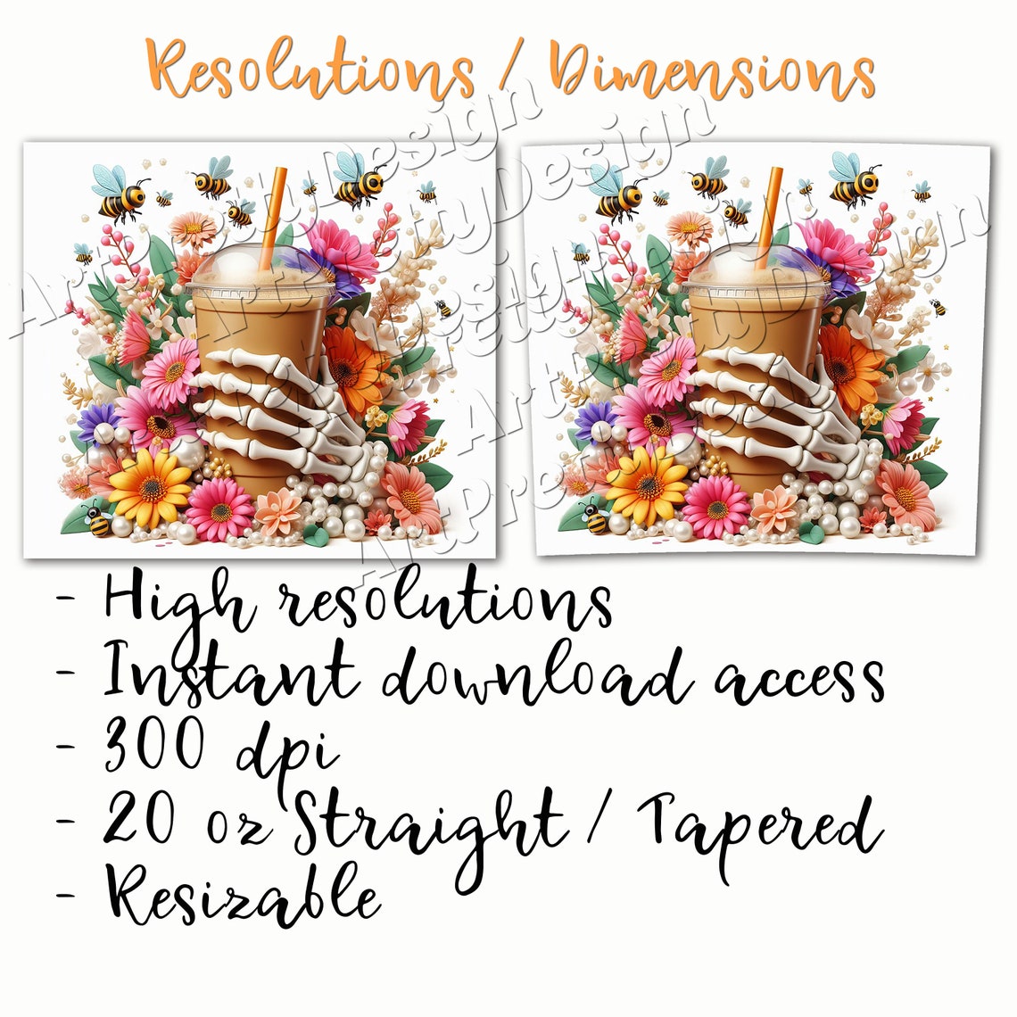 3D Skeleton Hand With Flowers Bees and Pearls Tumbler Wrap Design 20oz ...