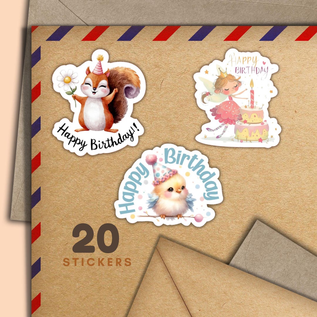 Mixed Birthday Stickers, Set of 20 Happy Mail Sticker Flakes, Cute ...