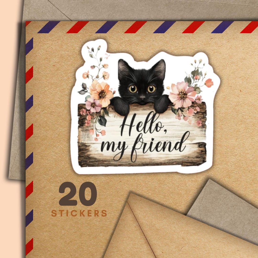 Cat With Hello Sign Stickers, Set of 20 Happy Mail Sticker Flakes, Cute ...