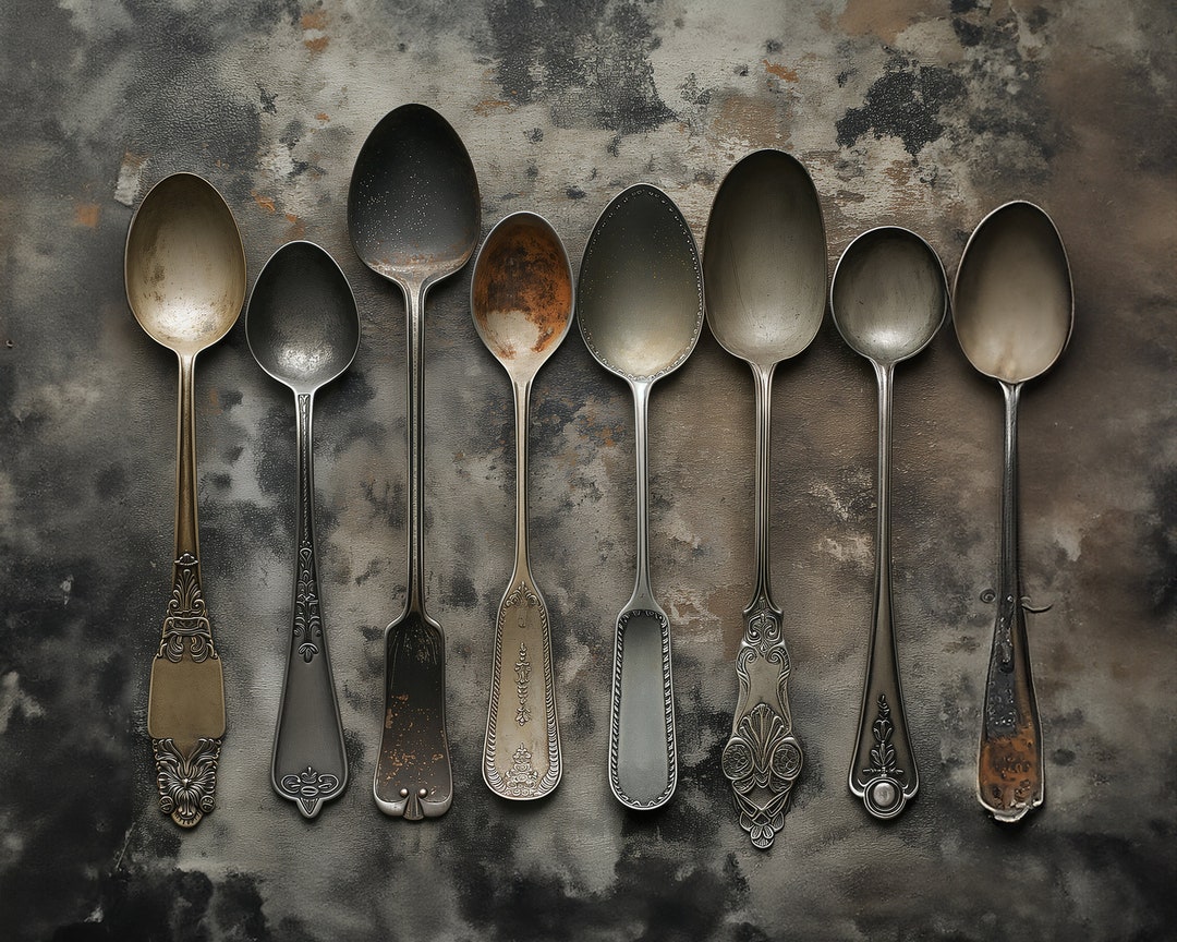 Vintage Spoon Collection Art - Antique Silverware Digital Print, Kitchen Wall Decor, Classic ...