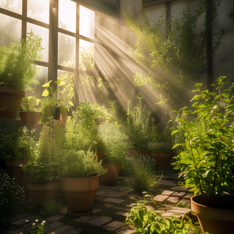 Serenity Garden Digital Art Sunlit Indoor Herb Garden Print, Botanical Art, Peaceful Greenhouse ...