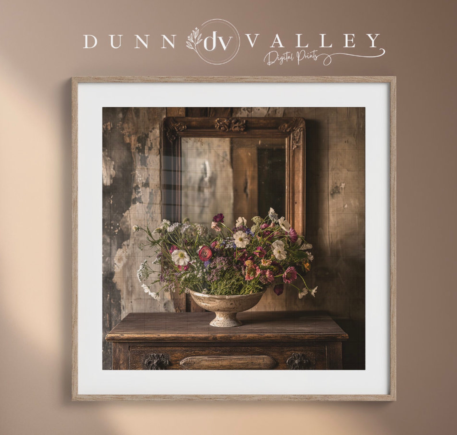 Vintage Reflection - Square Format Floral Still Life - Antique Dresser ...
