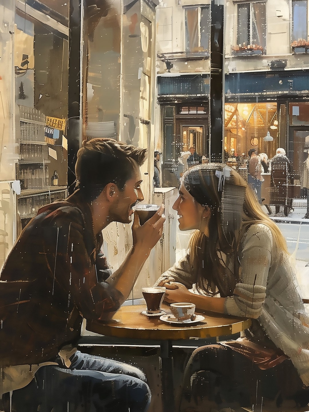 Cafe Conversations Intimate Coffee Shop Art Print Romantic City Life ...