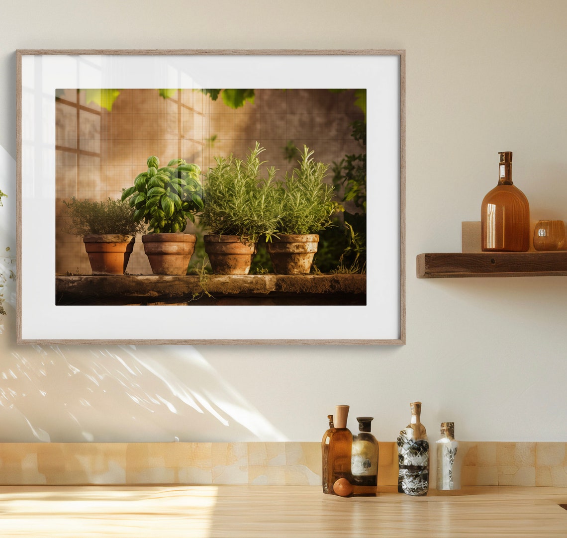 Herb Garden Delight - Trio of Potted Herbs Digital Art, Rustic Terrace ...