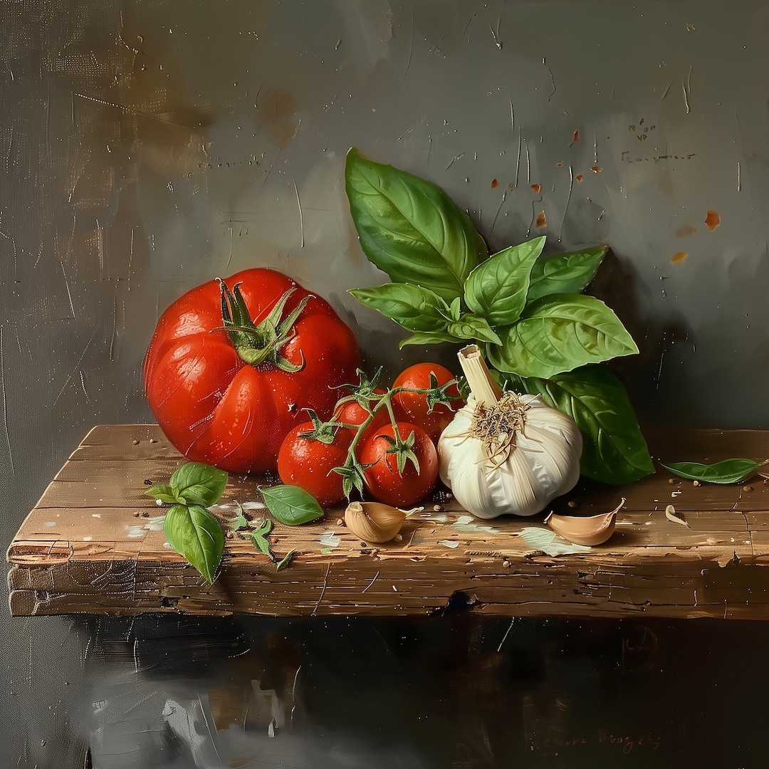 Rustic Tomato and Basil Still Life - Fresh From the Garden - Kitchen ...