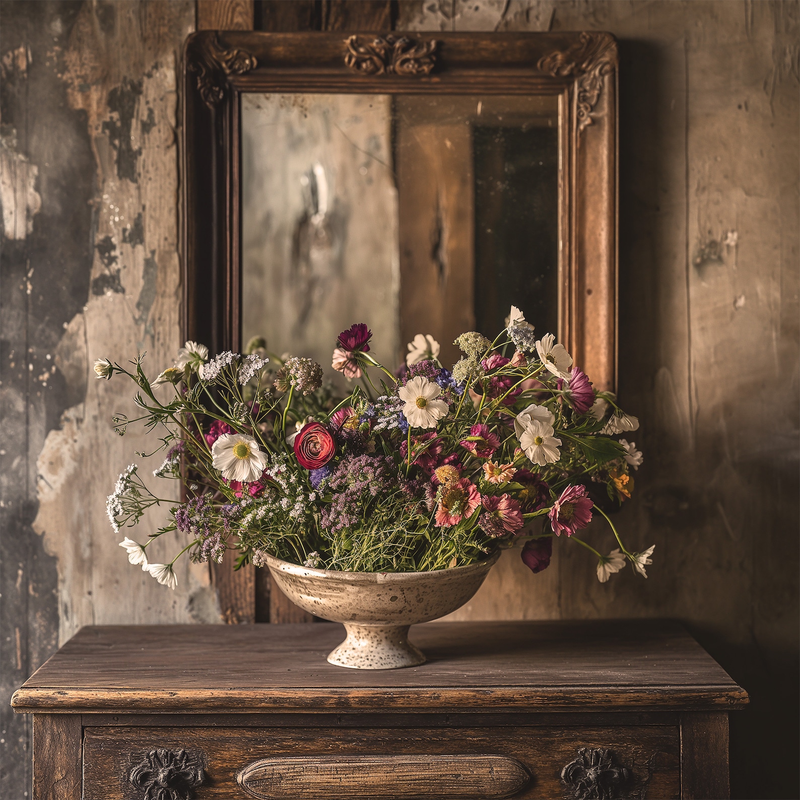 Vintage Reflection - Square Format Floral Still Life - Antique Dresser ...