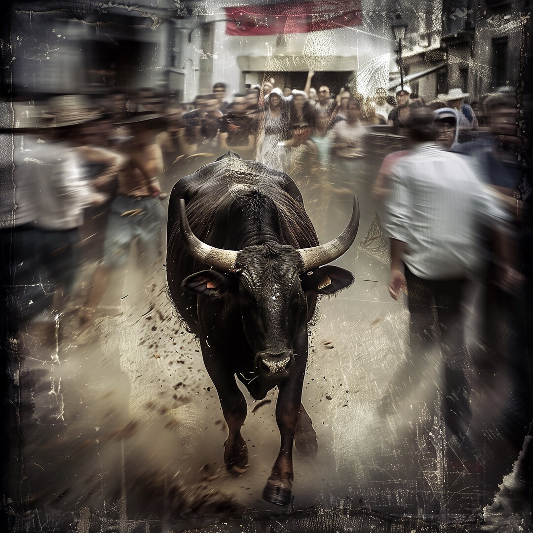 Rustic Bull Run Vintage Pamplona Moment Dynamic Cultural Art Square ...