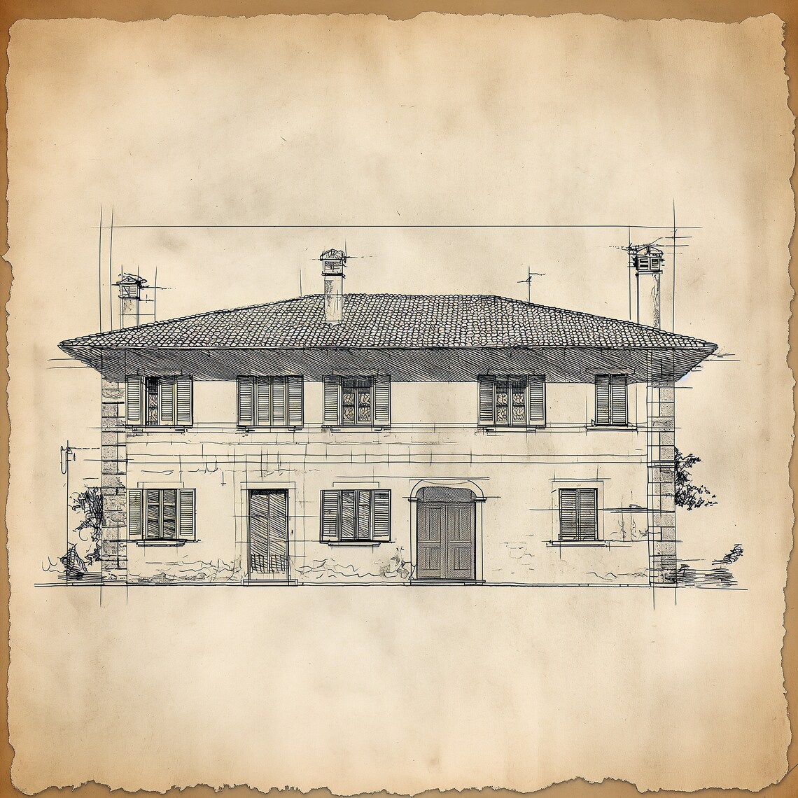 Vintage Architectural Drawing - Classic Casa Elevation Print, Square ...