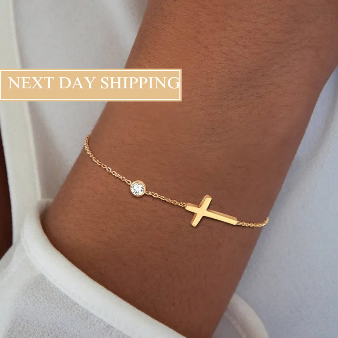 Cross Bracelet With Diamond in 14k Gold Filled, Mini Cross Bracelet, Birthday Gift, Bracelet for ...