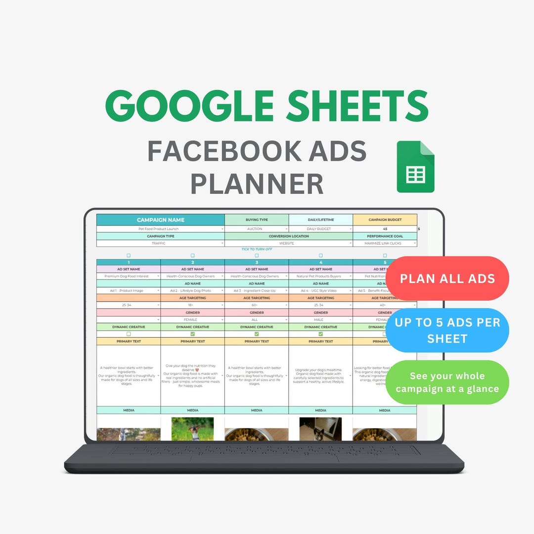 Facebook Ads Planner Google Sheets Spreadsheet Template Tracker - Etsy