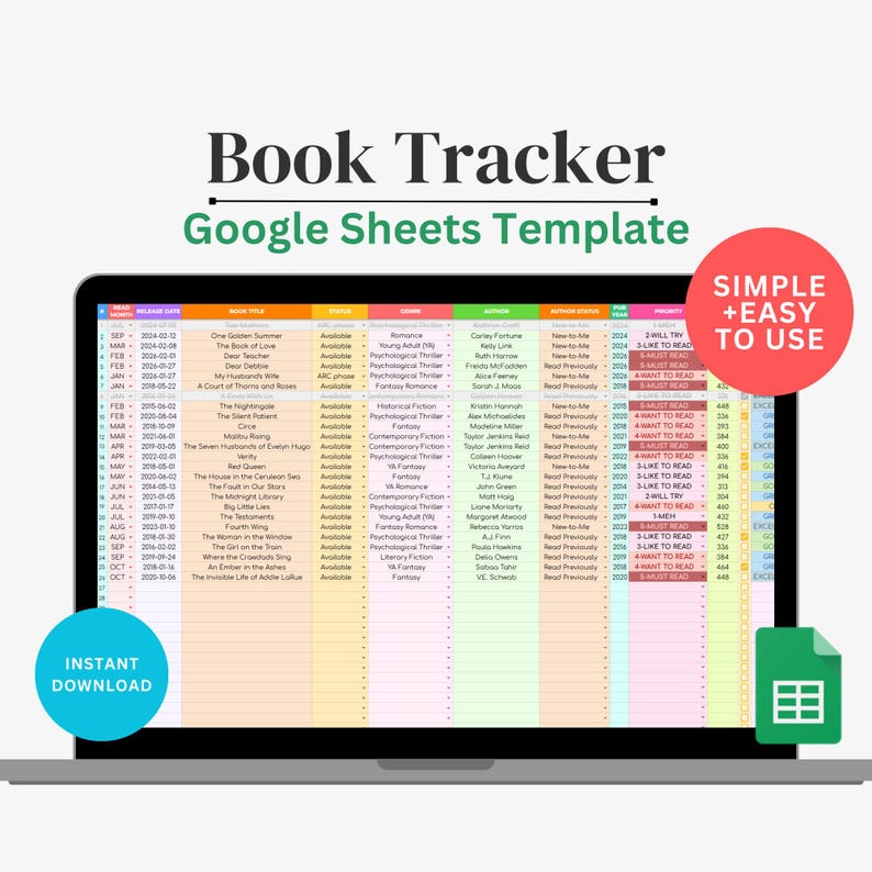 Book and Reading Tracker Spreadsheet Google Sheet Reading Journal ...