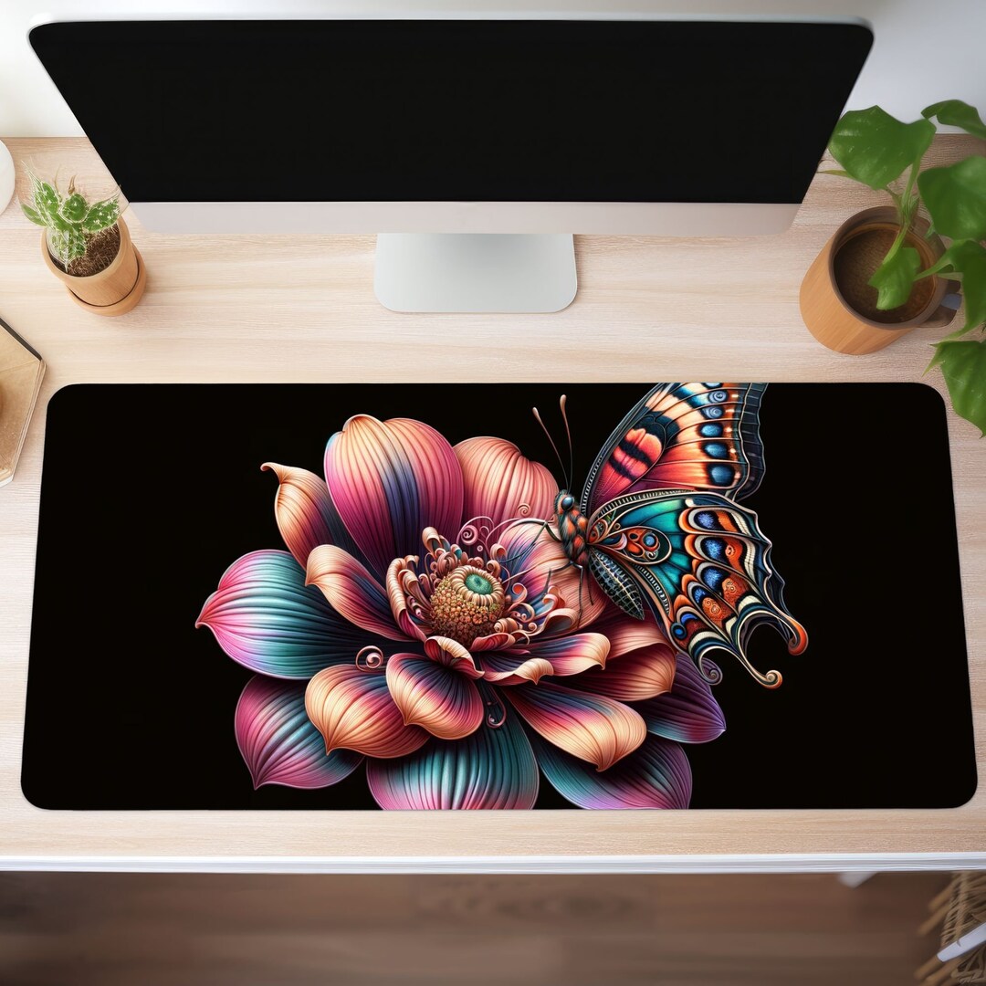 Botanical Desk Mat, Flower Lovers Desk Pad, Flowers and Butterfly ...