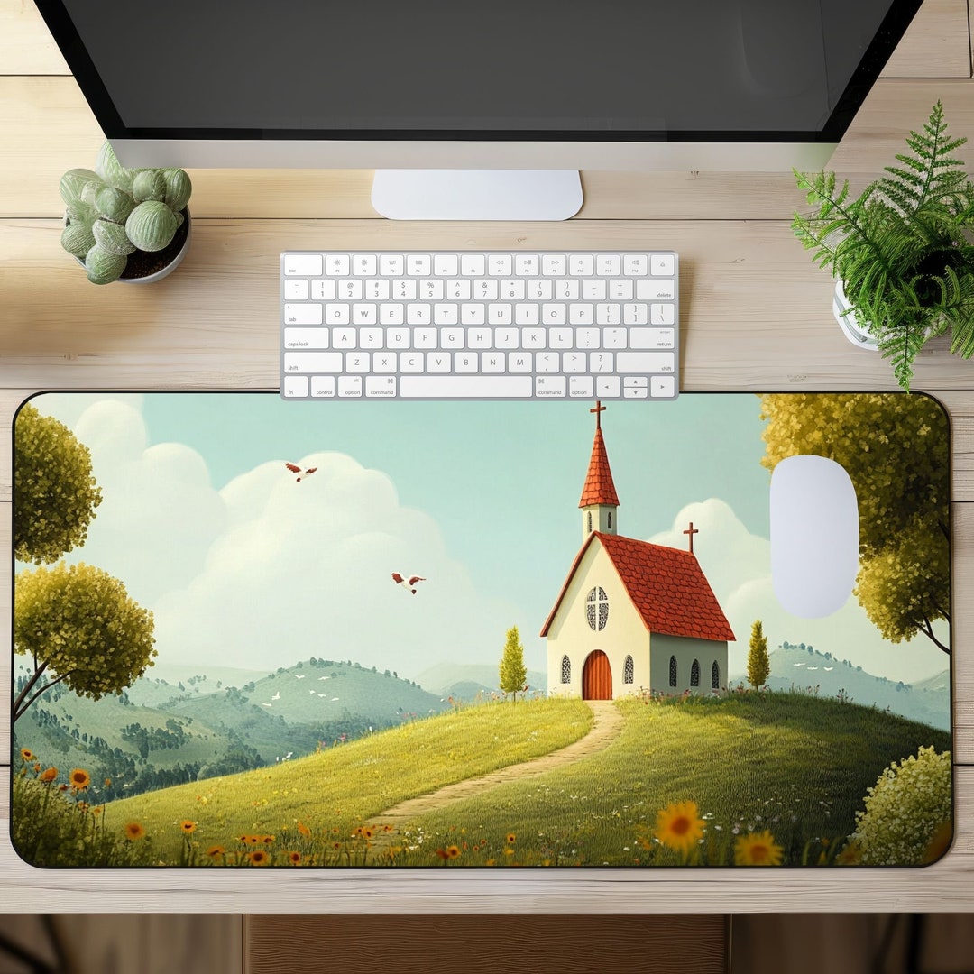 Country Church Desk Mat, White Church on a Hill Desk Pad, Extra Large ...