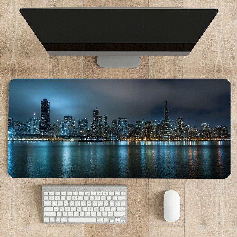 City Skyline Desk Mat With Edge Protector, City at Night Desk Pad ...