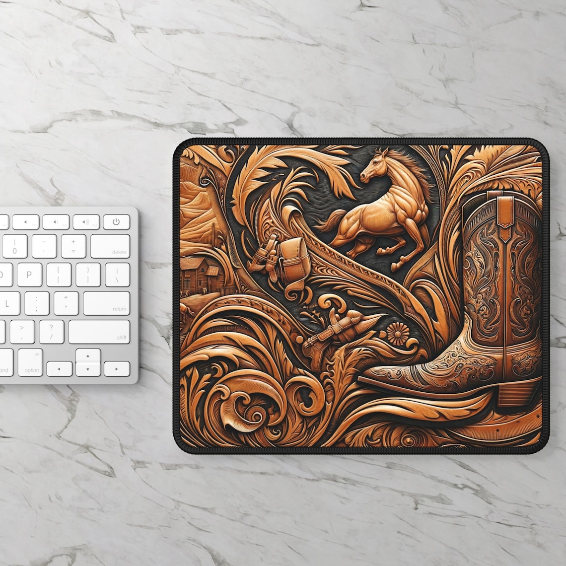 Western Art Desk Pad, Tooled Leather Look Inspired Computer PC Mat, Art ...
