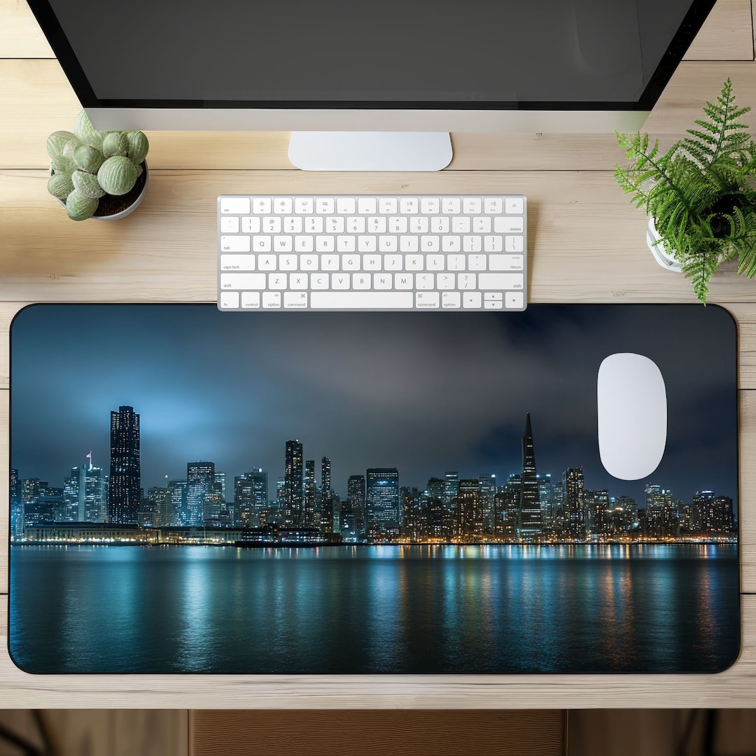 City Skyline Desk Mat With Edge Protector, City at Night Desk Pad ...
