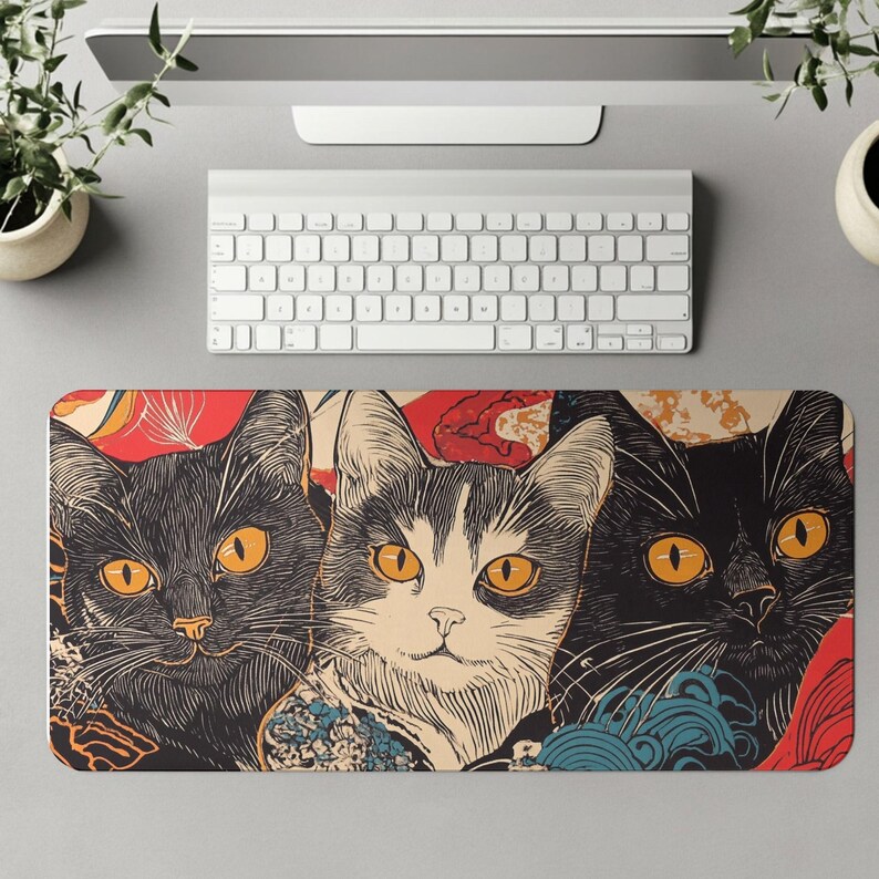 Three Cats Desk Mat and Mousepad, Cat Lover Desk Decor, Aesthetic Desk ...