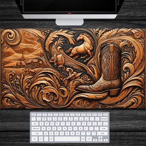 Western Art Desk Pad, Tooled Leather Look Inspired Computer PC Mat, Art ...