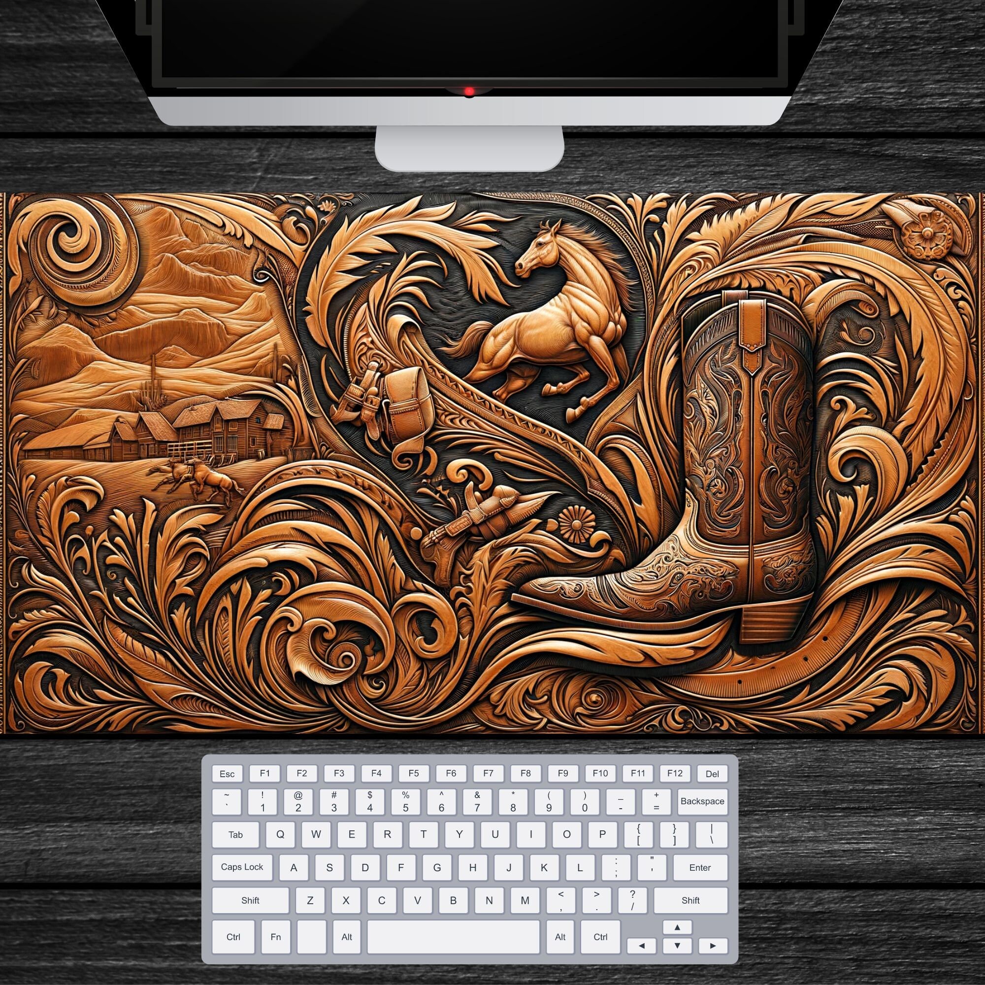 Western Art Desk Pad, Tooled Leather Look Inspired Computer PC Mat, Art ...