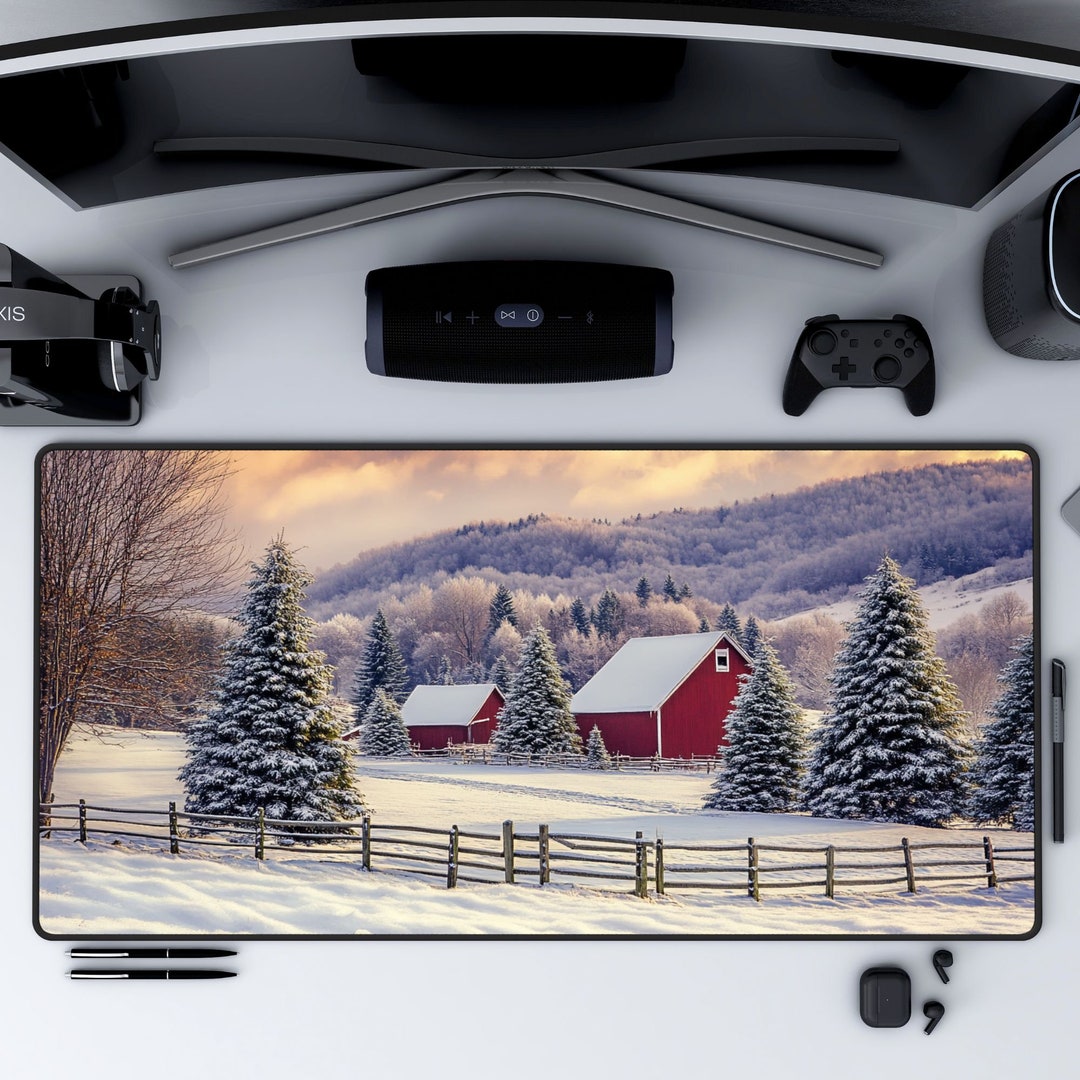 Winter Desk Mat, Snowy Farm Desk Pad, Extra Large Mousepad, Holiday ...