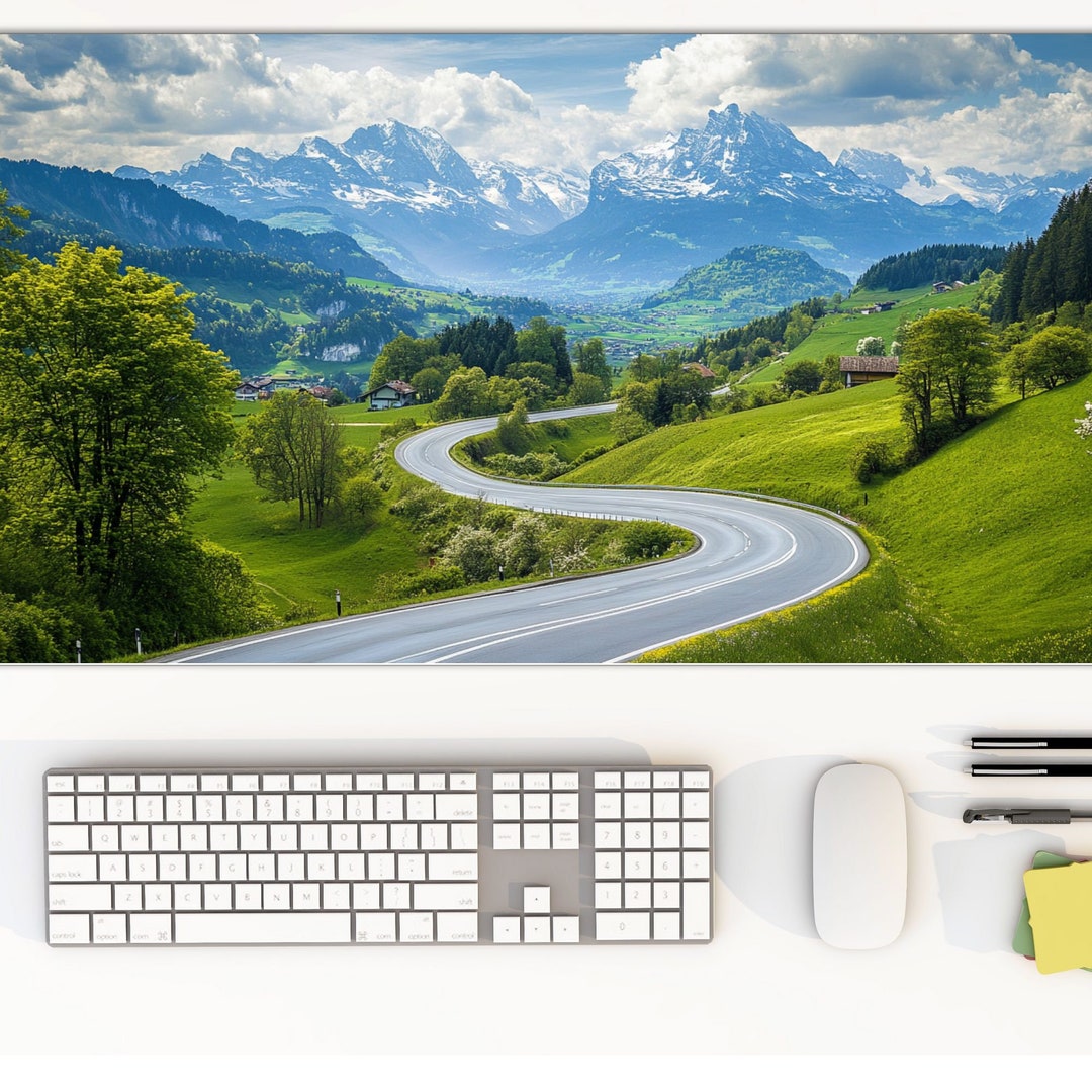 Mountain Landscape Desk Mat, Swiss Alps Extended Mousepad, Mountain ...