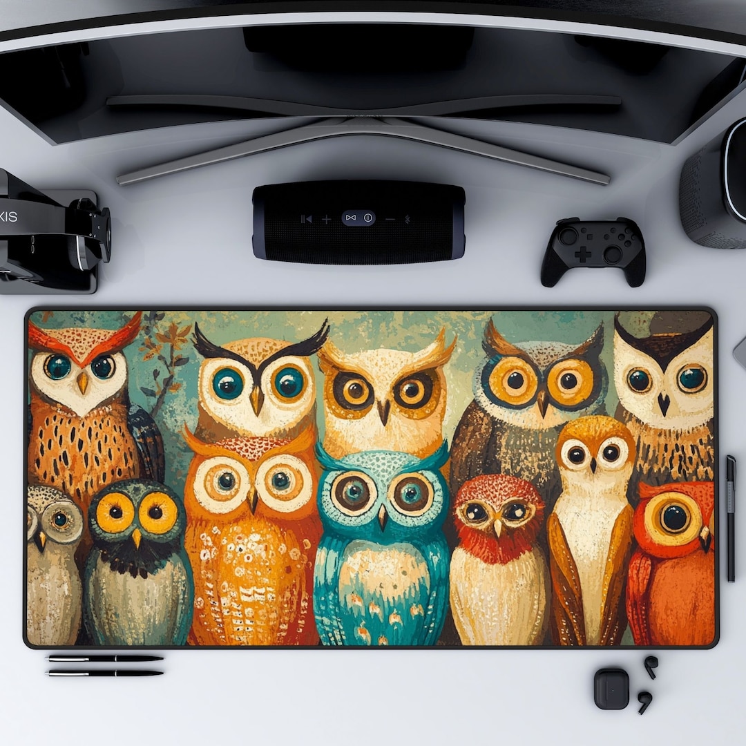 Cute Owls Desk Mat, Owl Lovers Desk Pad, Extra Large Mouse Pad, Folk ...