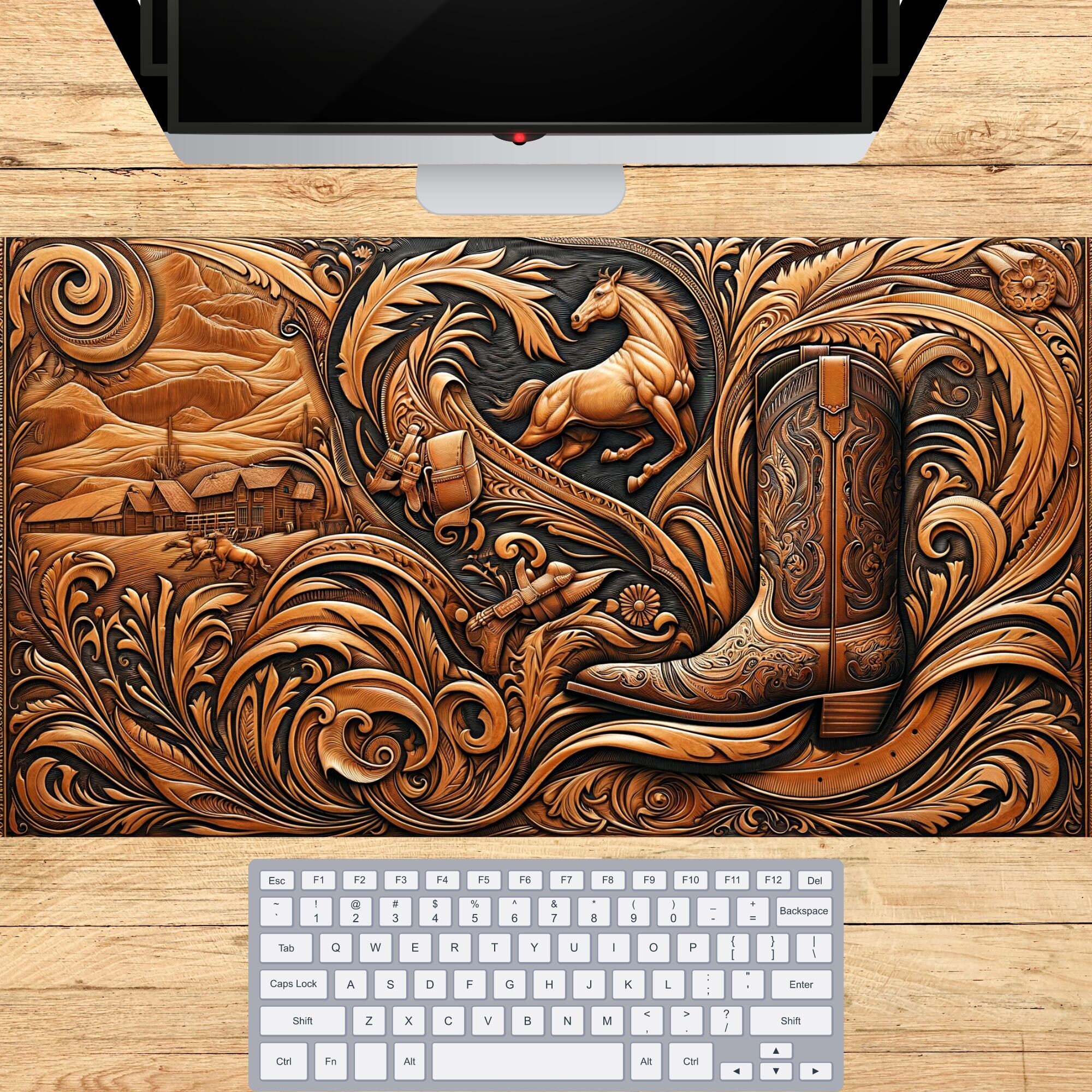 Western Art Desk Pad, Tooled Leather Look Inspired Computer PC Mat, Art ...