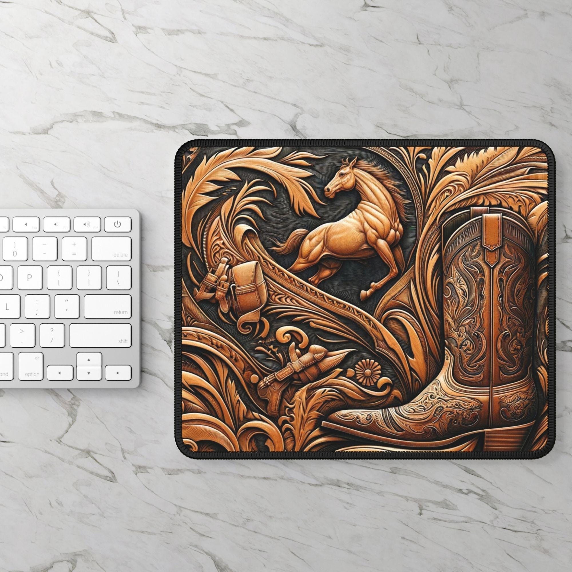 Western Art Desk Pad, Tooled Leather Look Inspired Computer PC Mat, Art ...