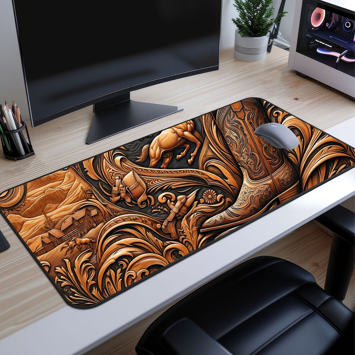 Western Art Desk Pad, Tooled Leather Look Inspired Computer PC Mat, Art ...